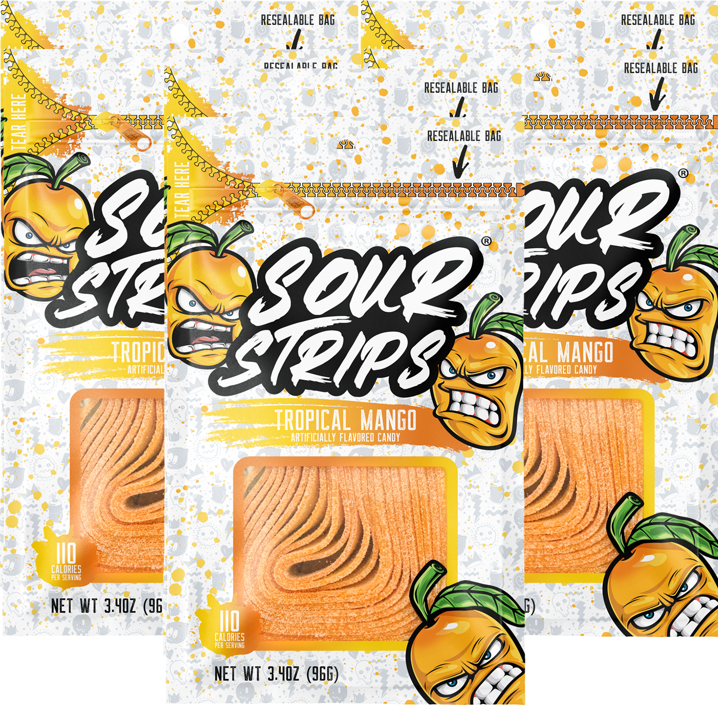 6 Pack Tropical Mango Sour Strips, Actually Sour Chewy Candy Belts, 22.2 oz